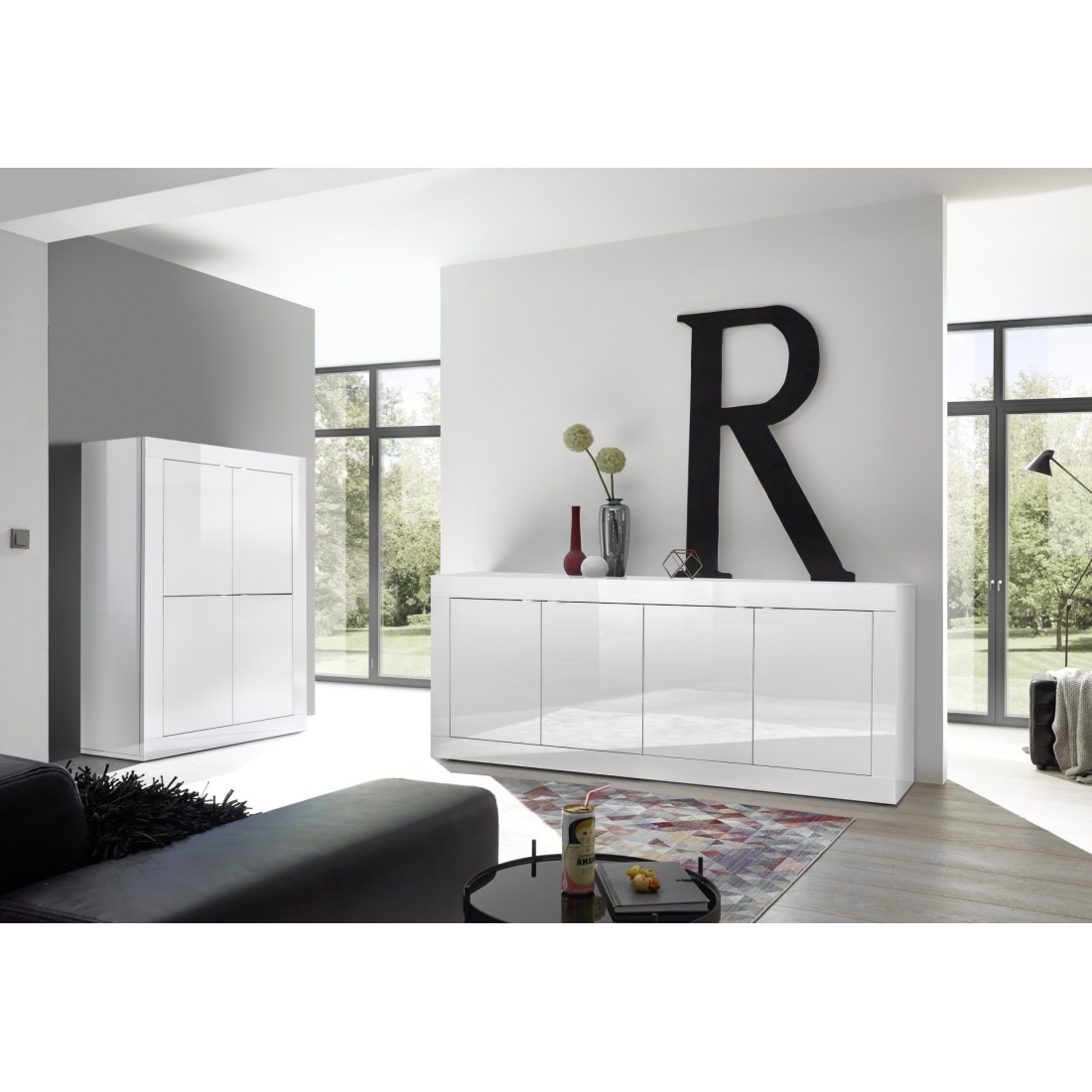 Vaisselier 4 portes ISORA blanc laqué brillant. Design moderne, grand ...