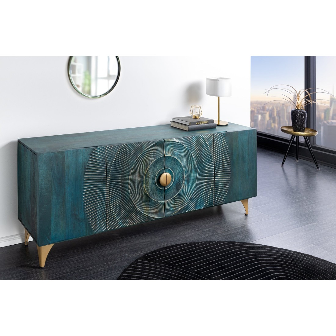 Buffet SOLARIS 180 cm – Bois massif bleu et doré sculpté – Design chic ...