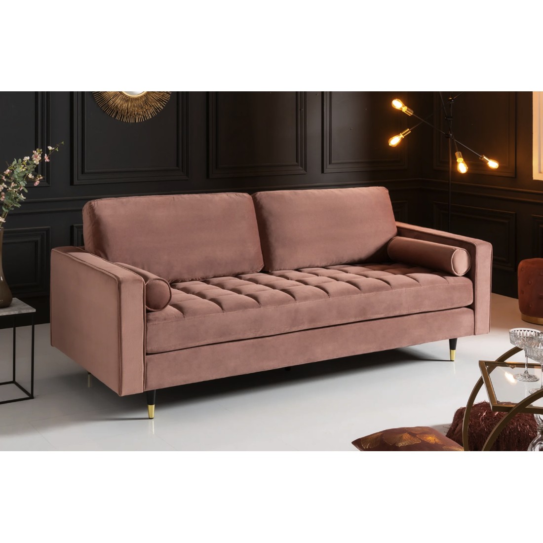 Canapé KOLIRI rose poudré 3 places – Canapé design en velours et bois ...