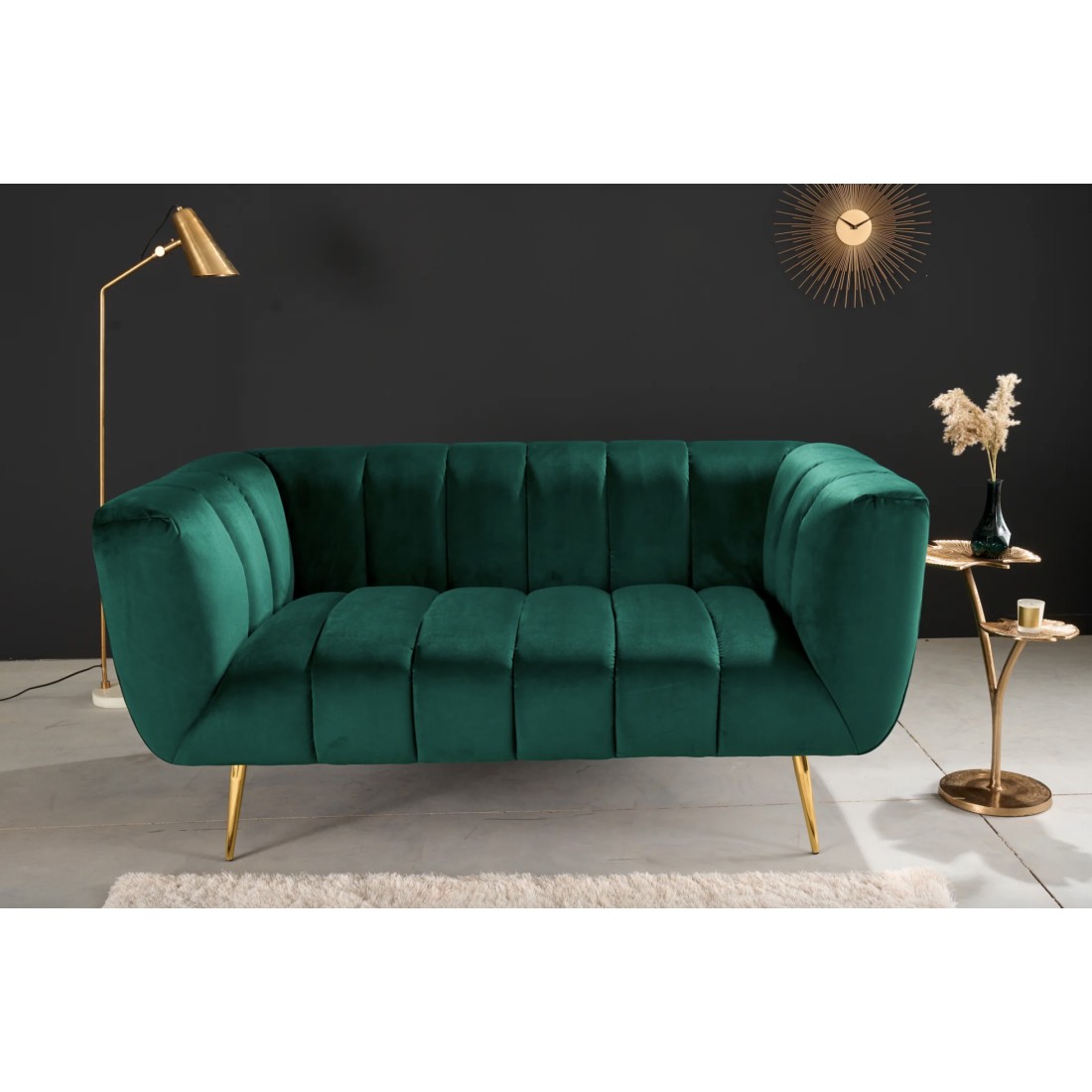Canapé droit NORA 2 places vert émeraude – Canapé chic en velours et métal