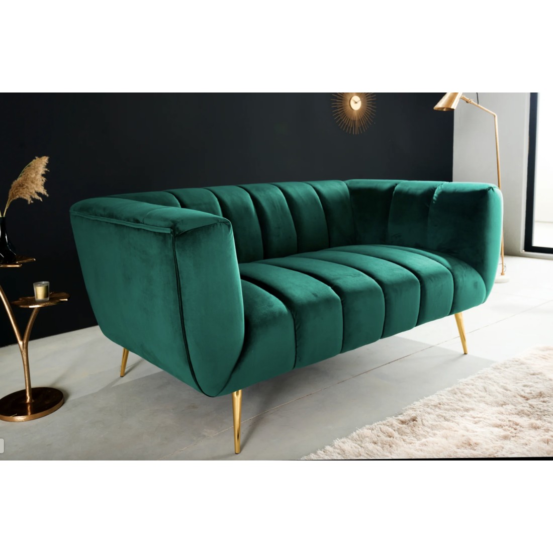 Canapé droit NORA 2 places vert émeraude – Canapé chic en velours et métal