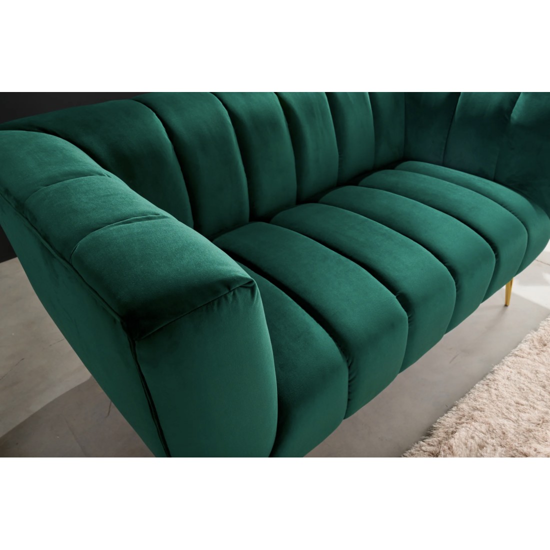 Canapé droit NORA 2 places vert émeraude – Canapé chic en velours et métal