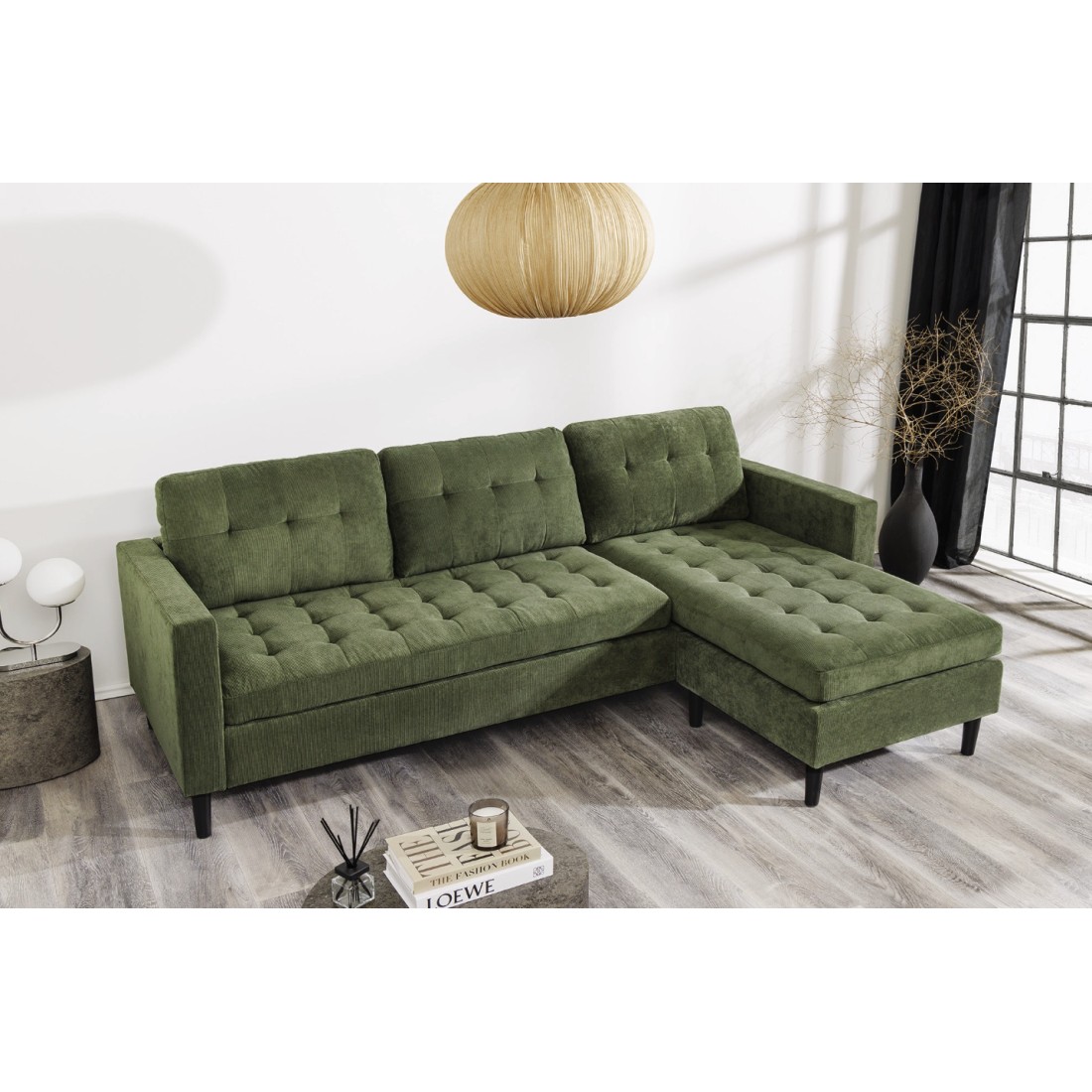 Canapé d’angle CITY vert foncé réversible – Velours côtelé contemporain